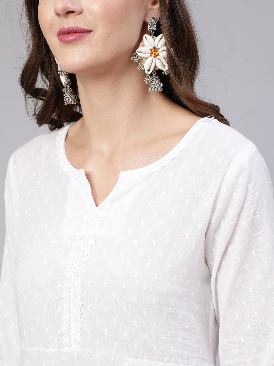 Women's White Lace details Flared Kurta With Trouser And Dupatta – Trendia
