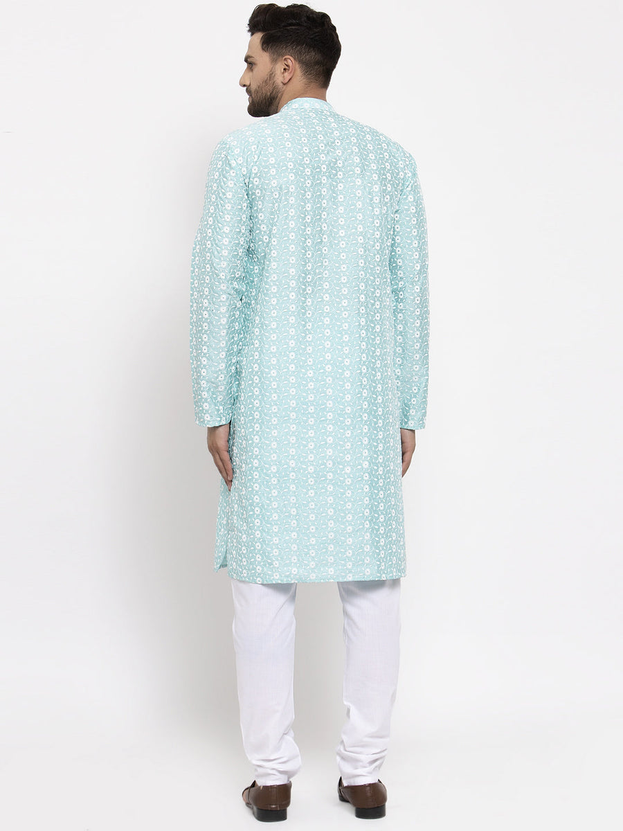 Men's Turquoise Blue Embroidered Kurta with Pyjamas ( JOKP 633 Sky ...
