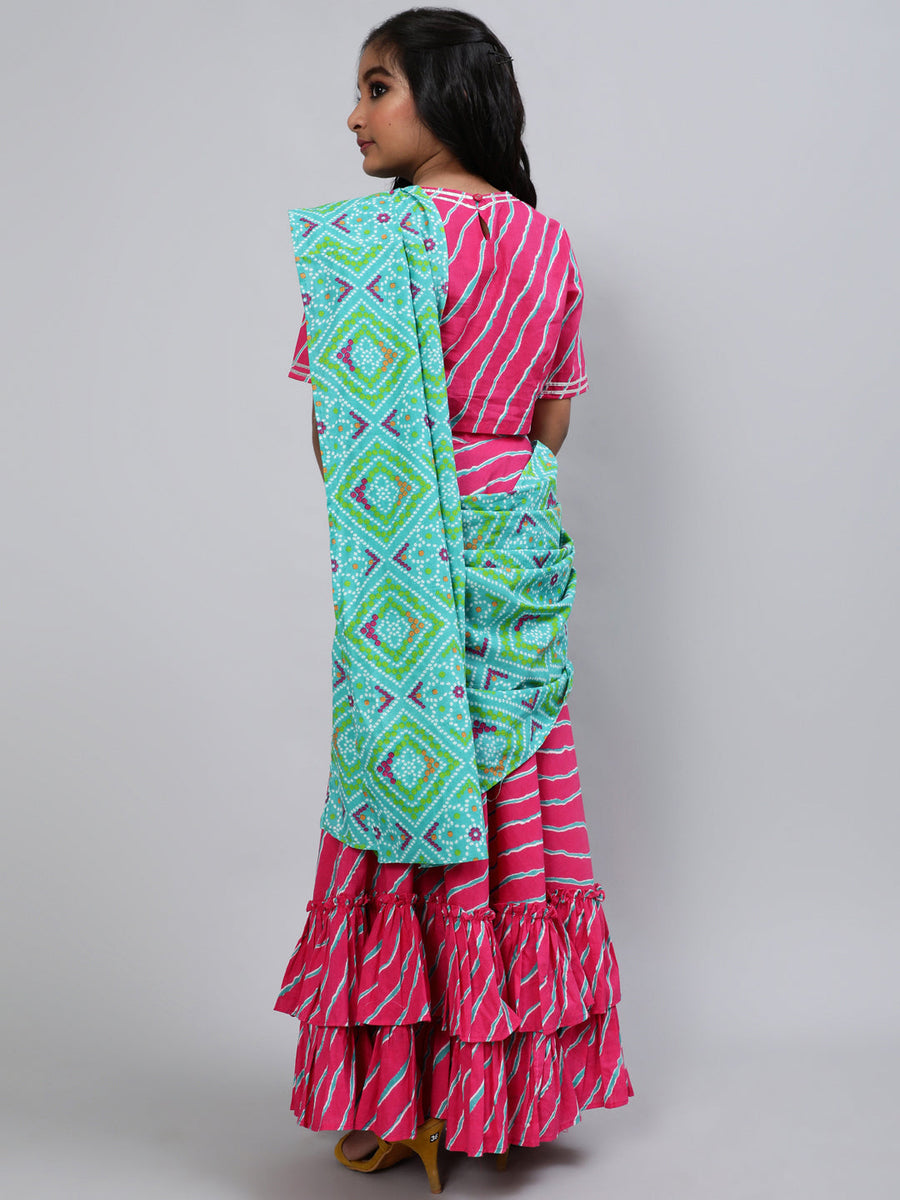 Girl's Pink Bandhani Print Saree - Aks Girls – Trendia