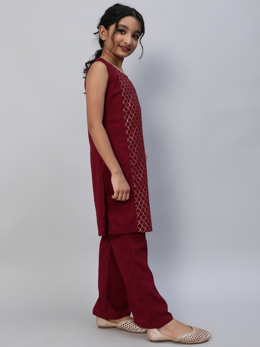Girl's Maroon Foil Printed Kurta With Palazzo – Trendia
