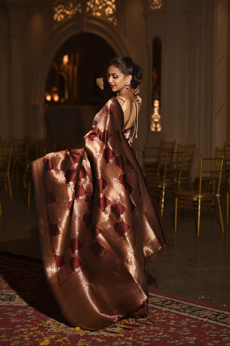 Women's Vidhi Parmar & Madhavi Nemkar In Wine Red Banarasi Saree – Trendia