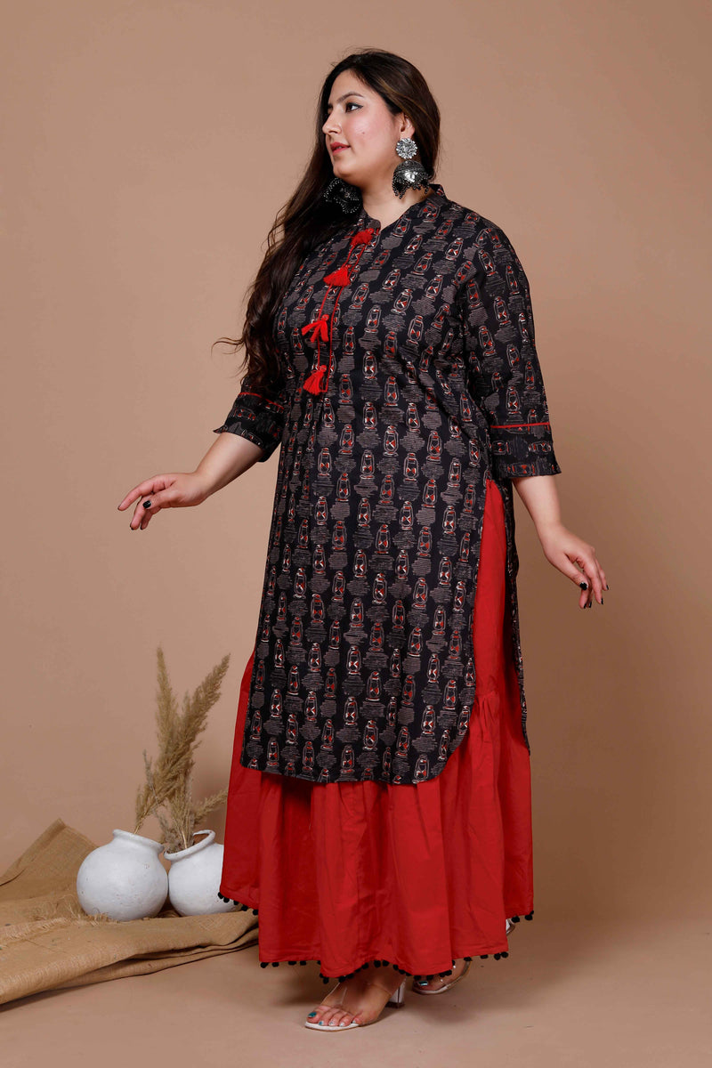 Women's Plus Size Black Printed Pure Cotton Kurta With Skirt - Miravan ...