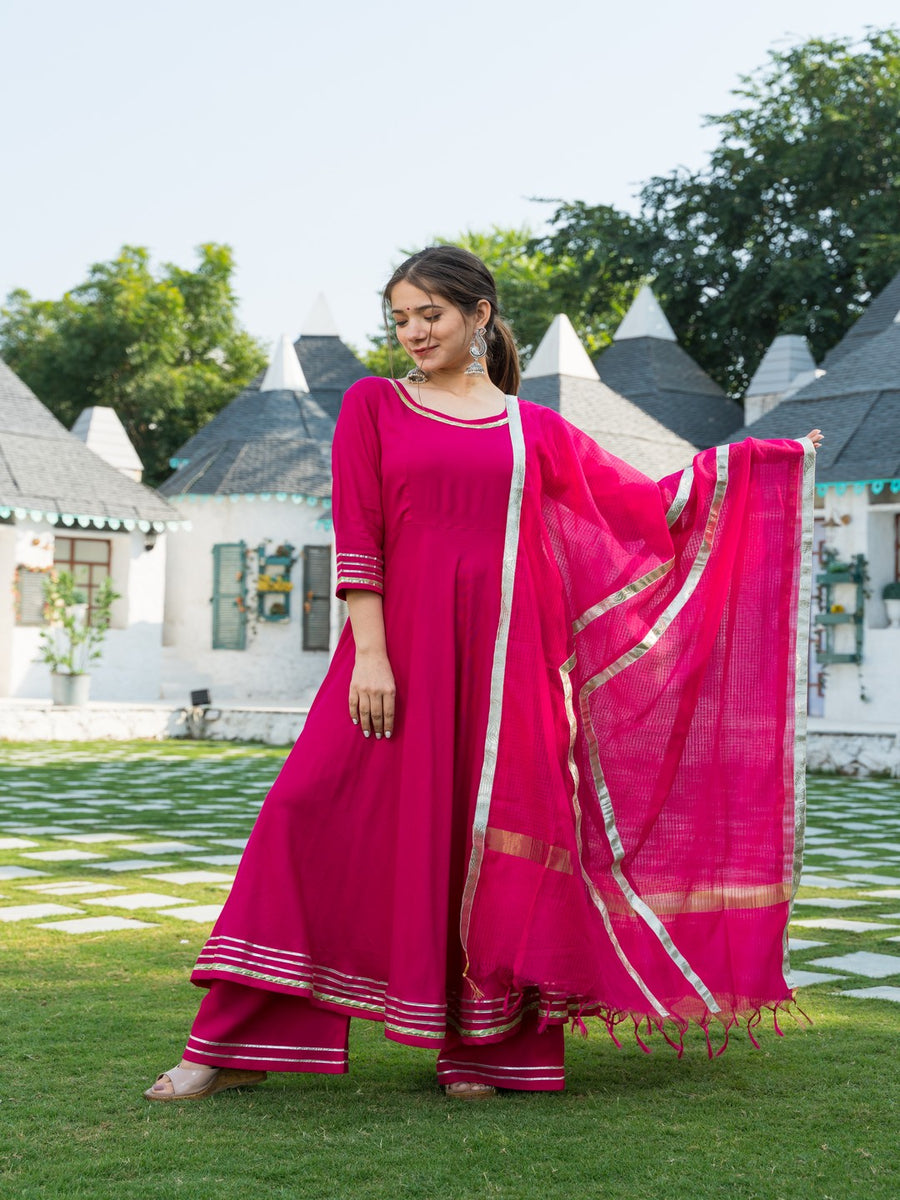 Women's Rani Pink Solid Anarkali Suit Palazzo Set Paired with Kota Dor ...