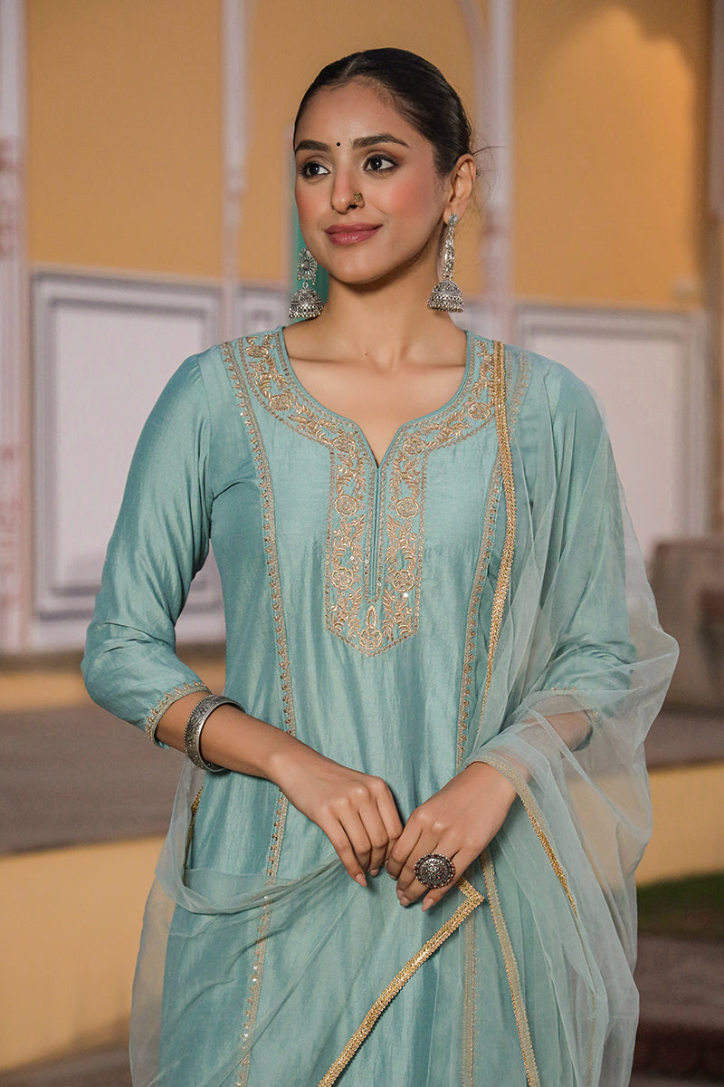 Women's Jade Green Silk Blend Embroidered Festive Wear – Trendia