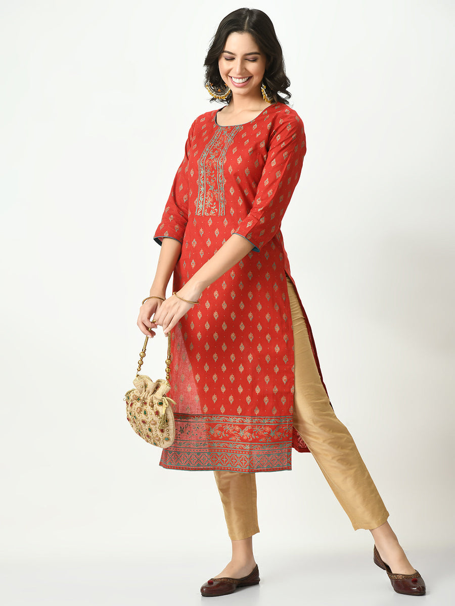 Women's Red Screen Printed Kurta – Trendia