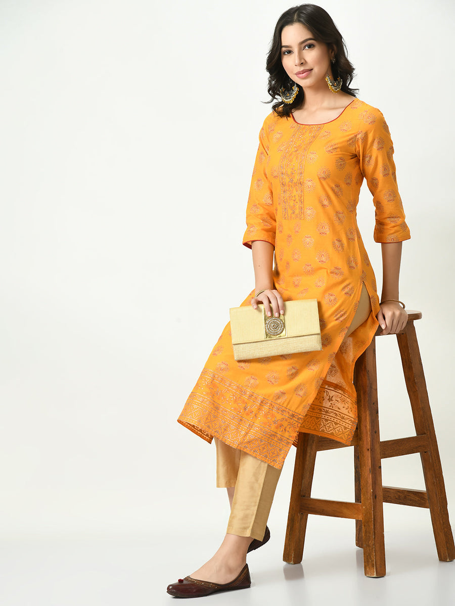 Women's Mustard Screen Printed Kurta – Trendia