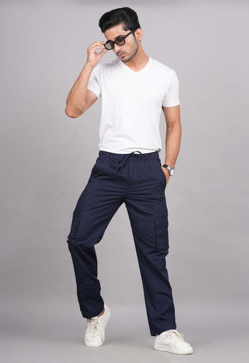 Men's Cotton Blue Slim Fit Solid Cargos, Casual Trousers With Cargo Po ...