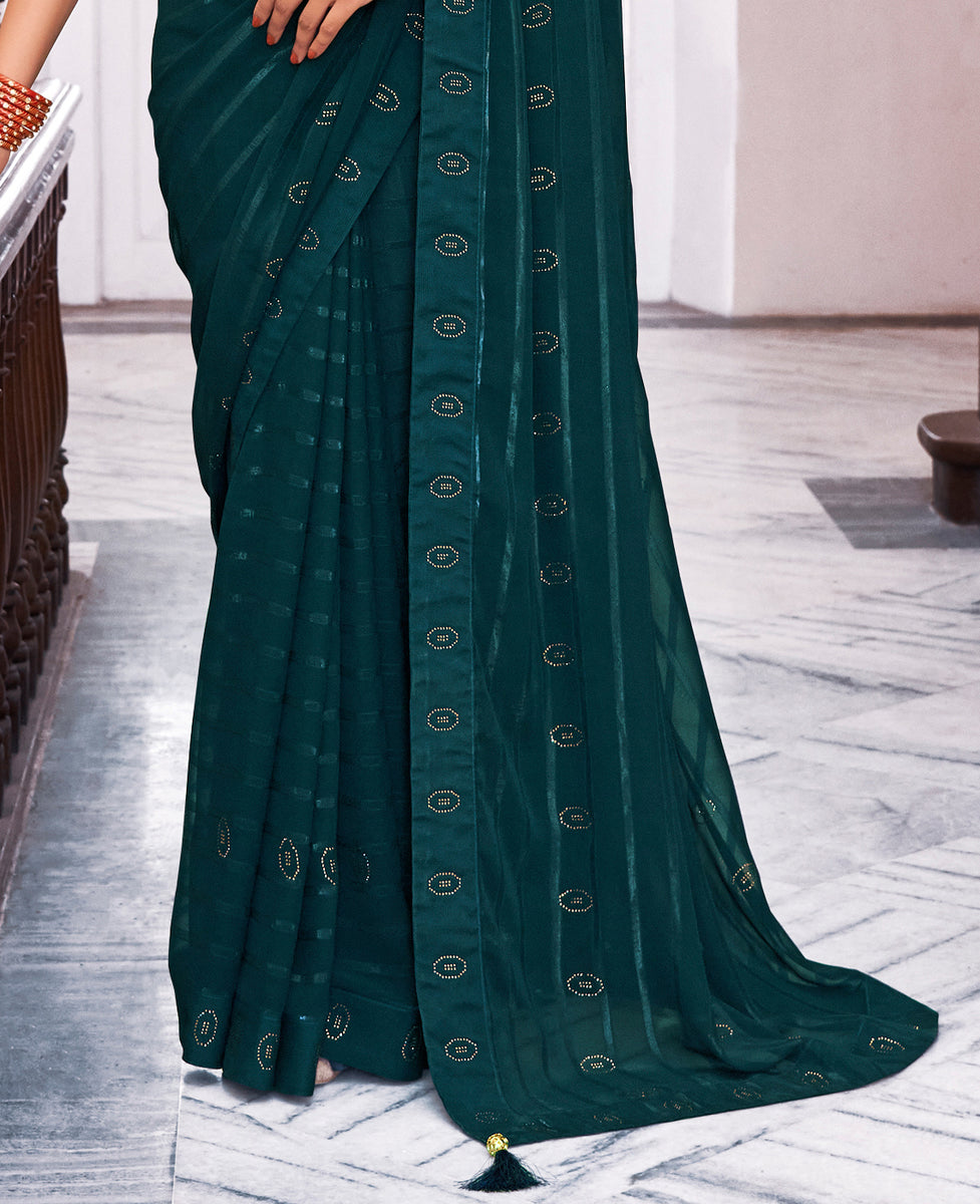 Women's Teal Georgette Design Saree With Unstitched Blouse Piece - Nav ...