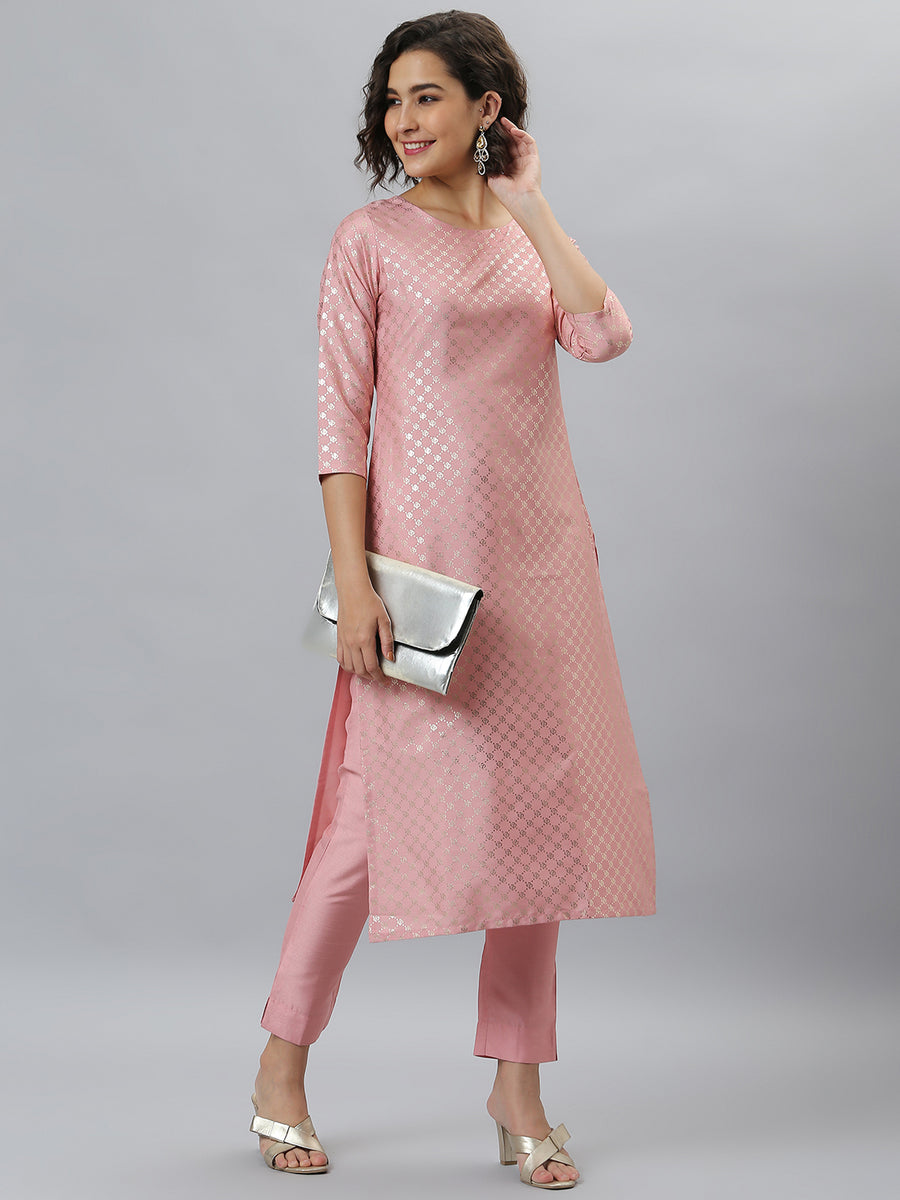 Women's Pink Floral Printed Poly Silk Kurta Set – Trendia