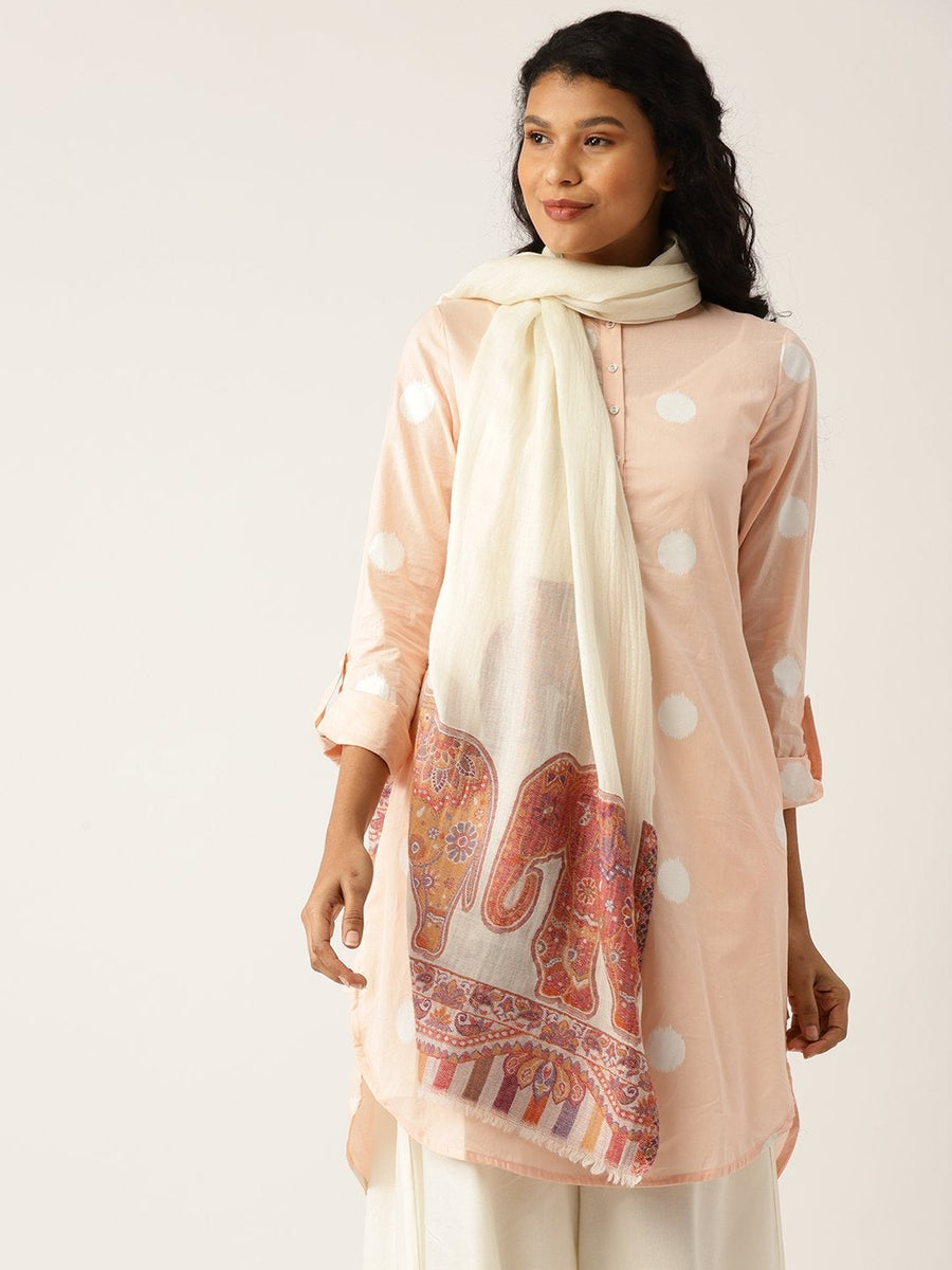 Buy Women'S Off White Fine Wool Elephant Border Stole - Sassafras ...