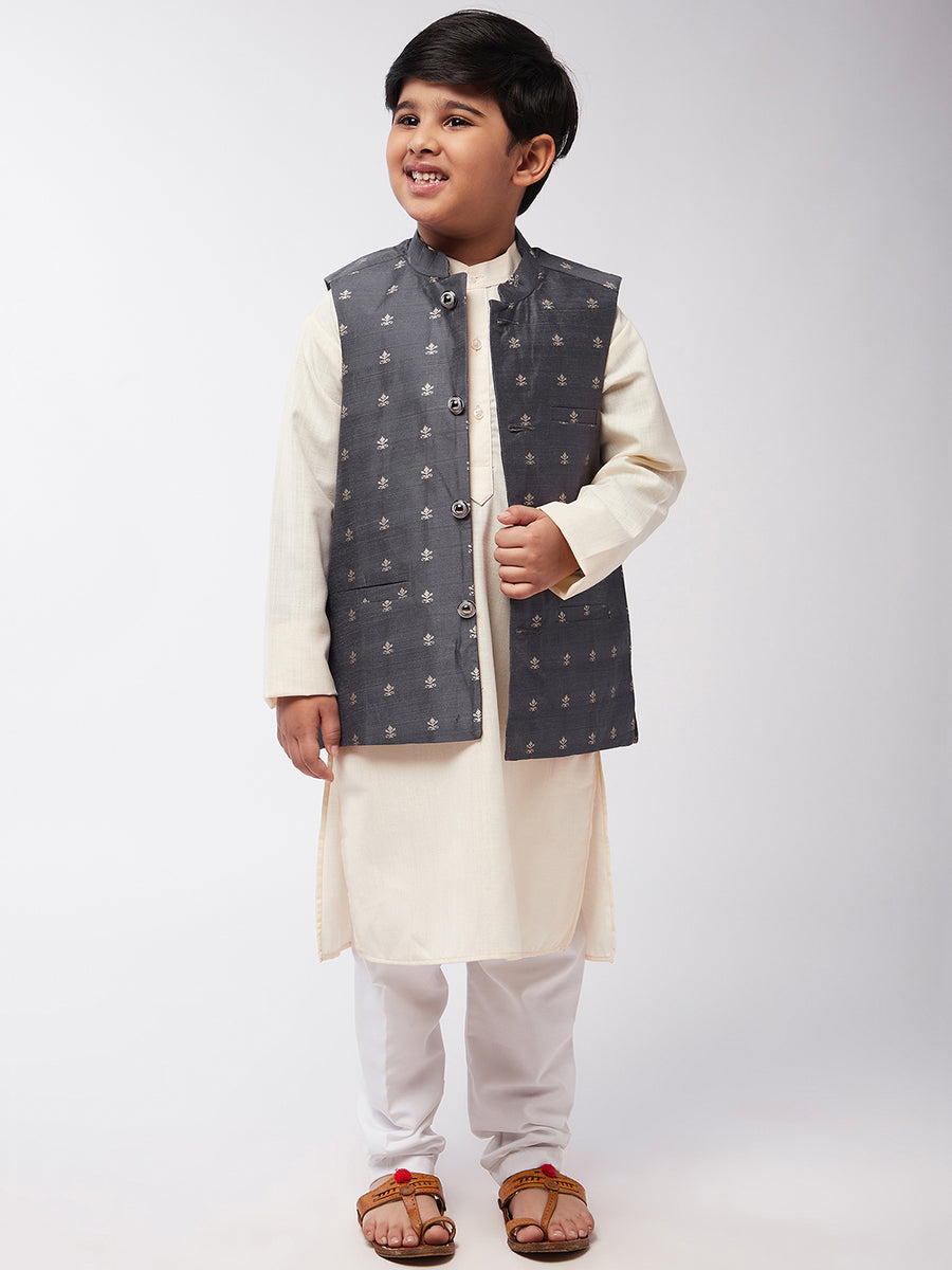 Kid's Cotton Silk Off-White Kurta & Grey Nehru Jacket With White Churi ...
