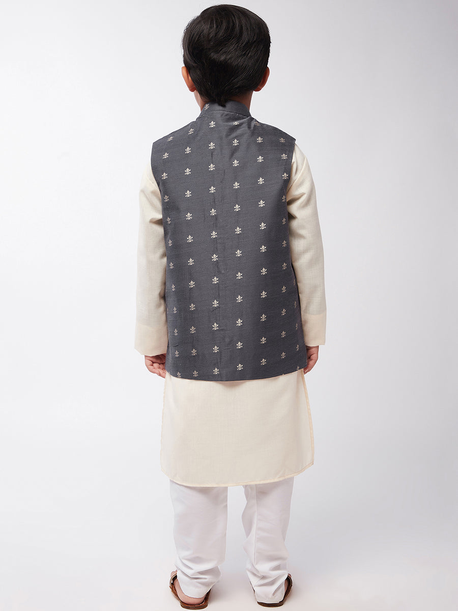 Kid's Cotton Silk Off-White Kurta & Grey Nehru Jacket With White Churi ...