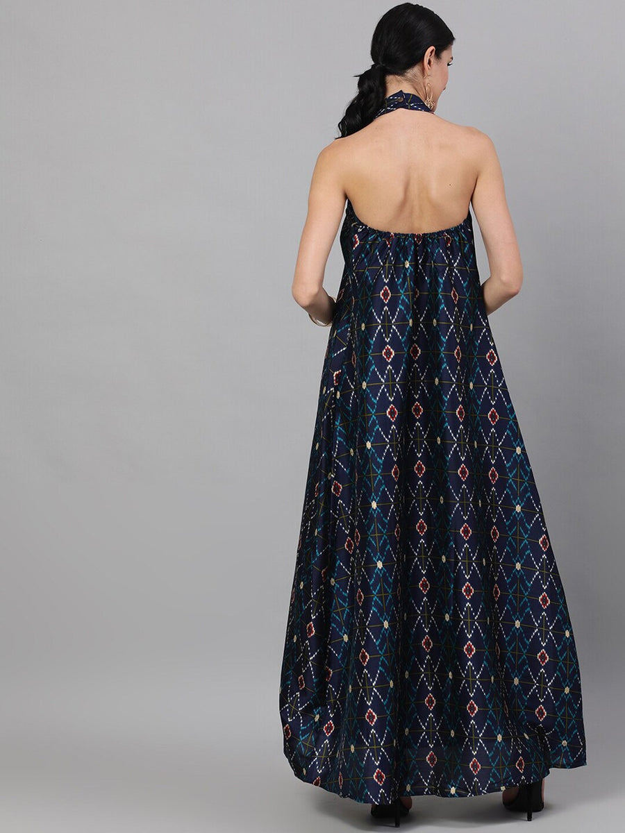 Women's Navy Blue Geometric Pattern Dress – Trendia