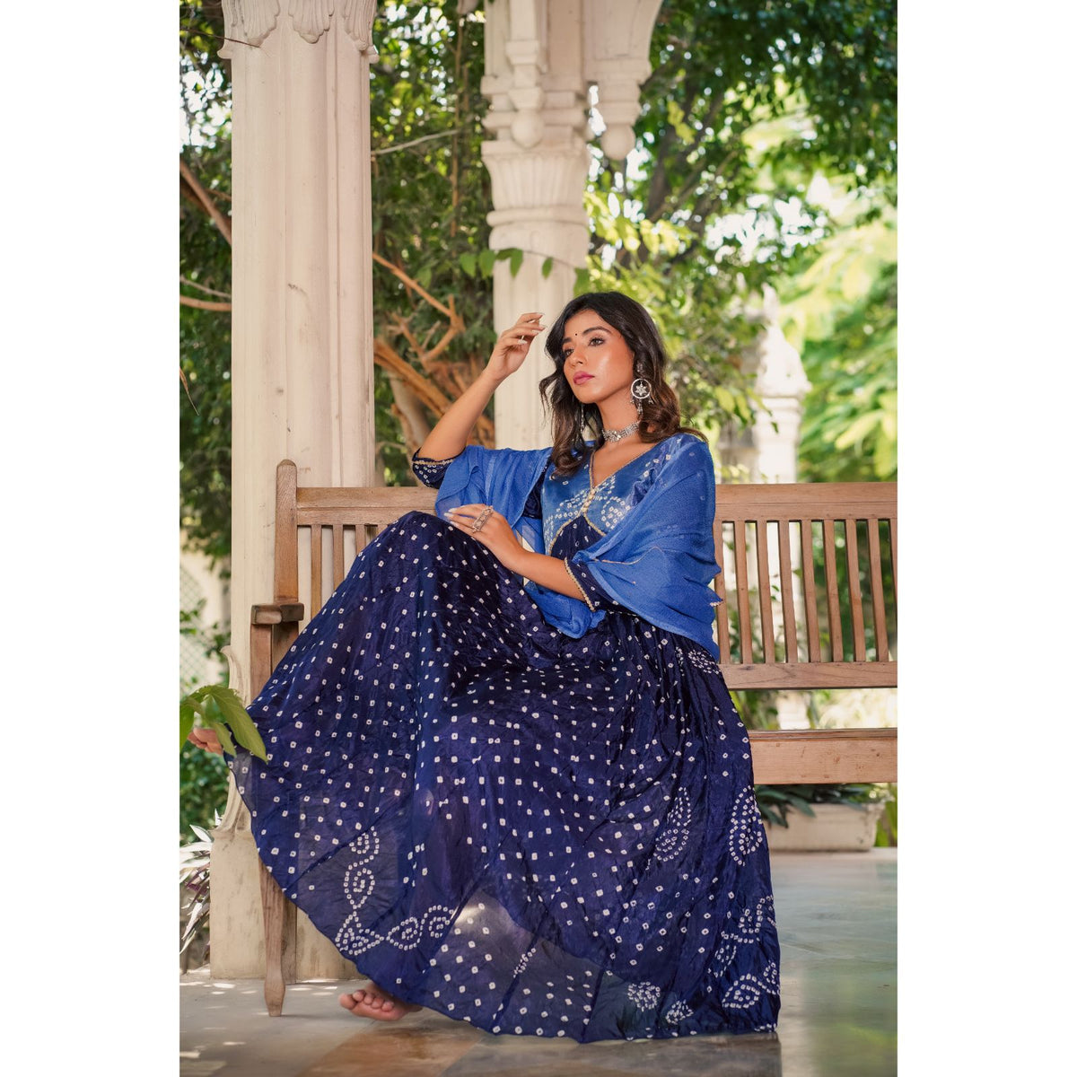 Women's Blue Bandhani Anarkali Kurta With Dupatta – Trendia