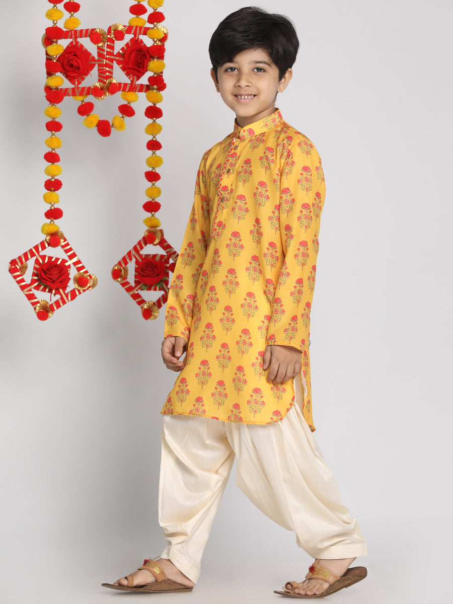 Boy's Multicolor-Base-Mustard And Cream Kurta Patiala Set – Trendia