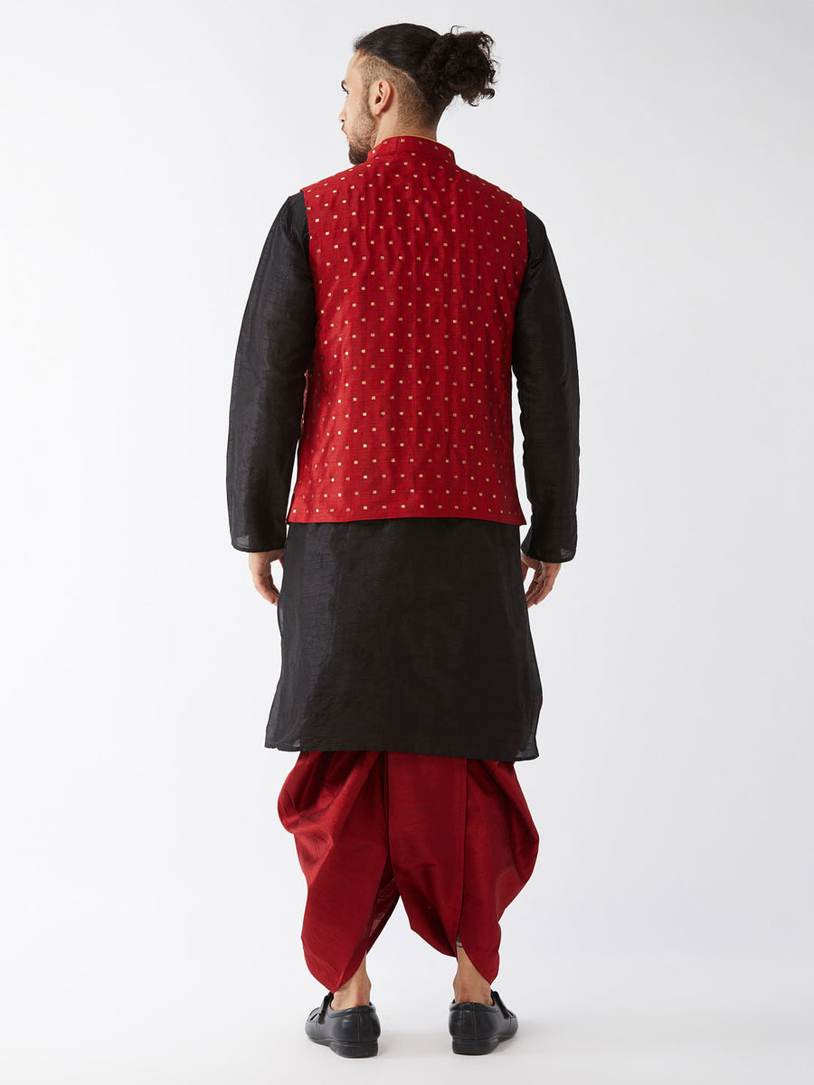 Men's Black And Maroon Silk Blend Jacket, Kurta And Dhoti Set – Trendia