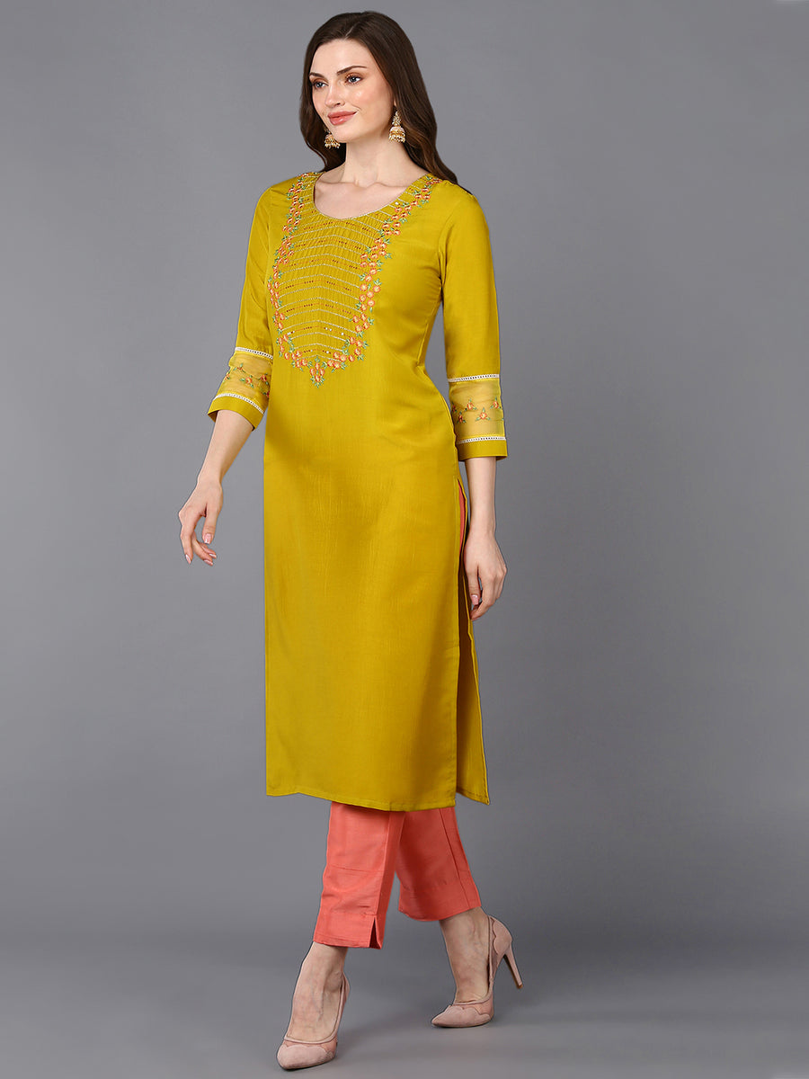 Women's Silk Blend Yellow Embroidered Regular Fit Kurta – Trendia