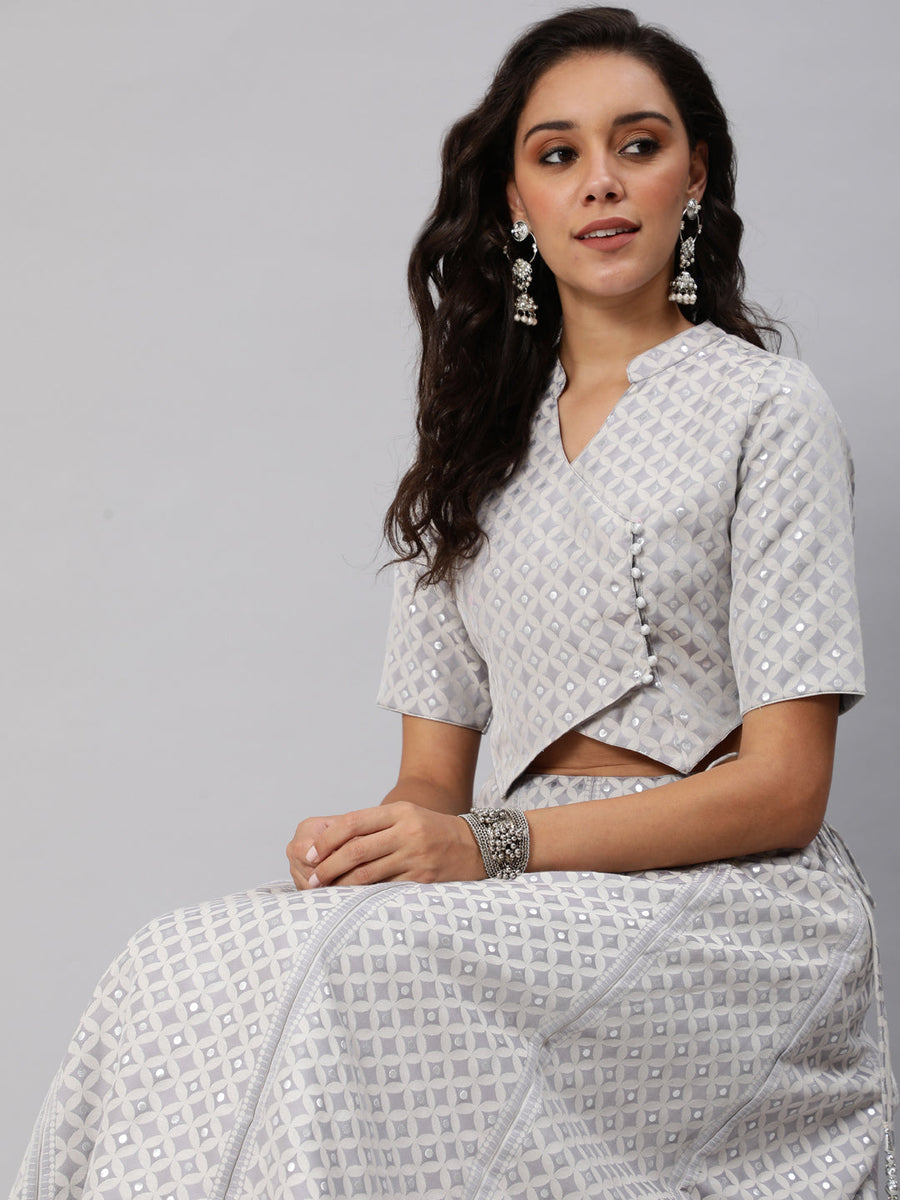 Women's Grey Jacquard Lehenga Choli With Potali Bag - Aks – Trendia