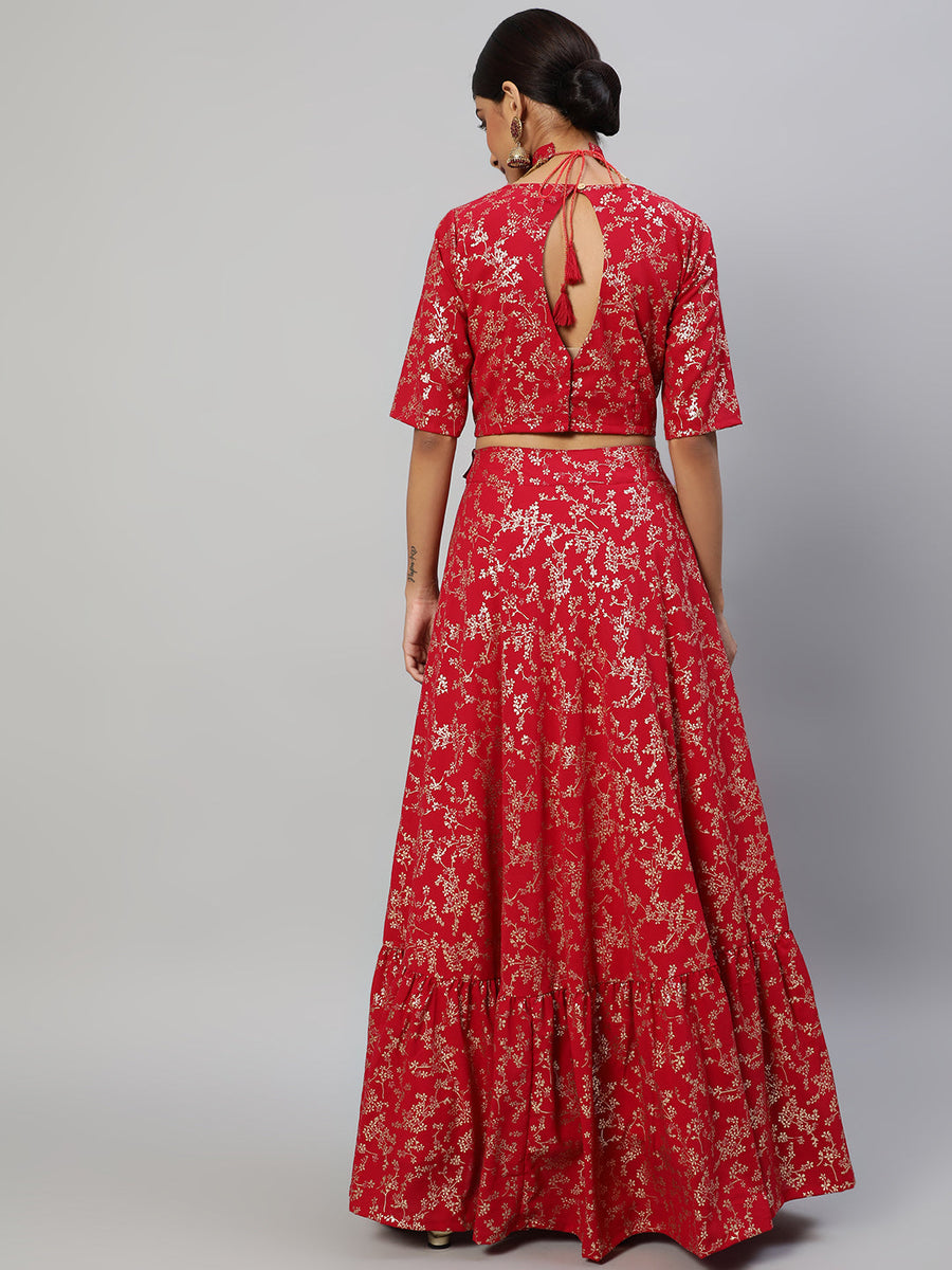 Women's Red Floral Printed Lehenga Choli With Potali Bag & Necklace ...