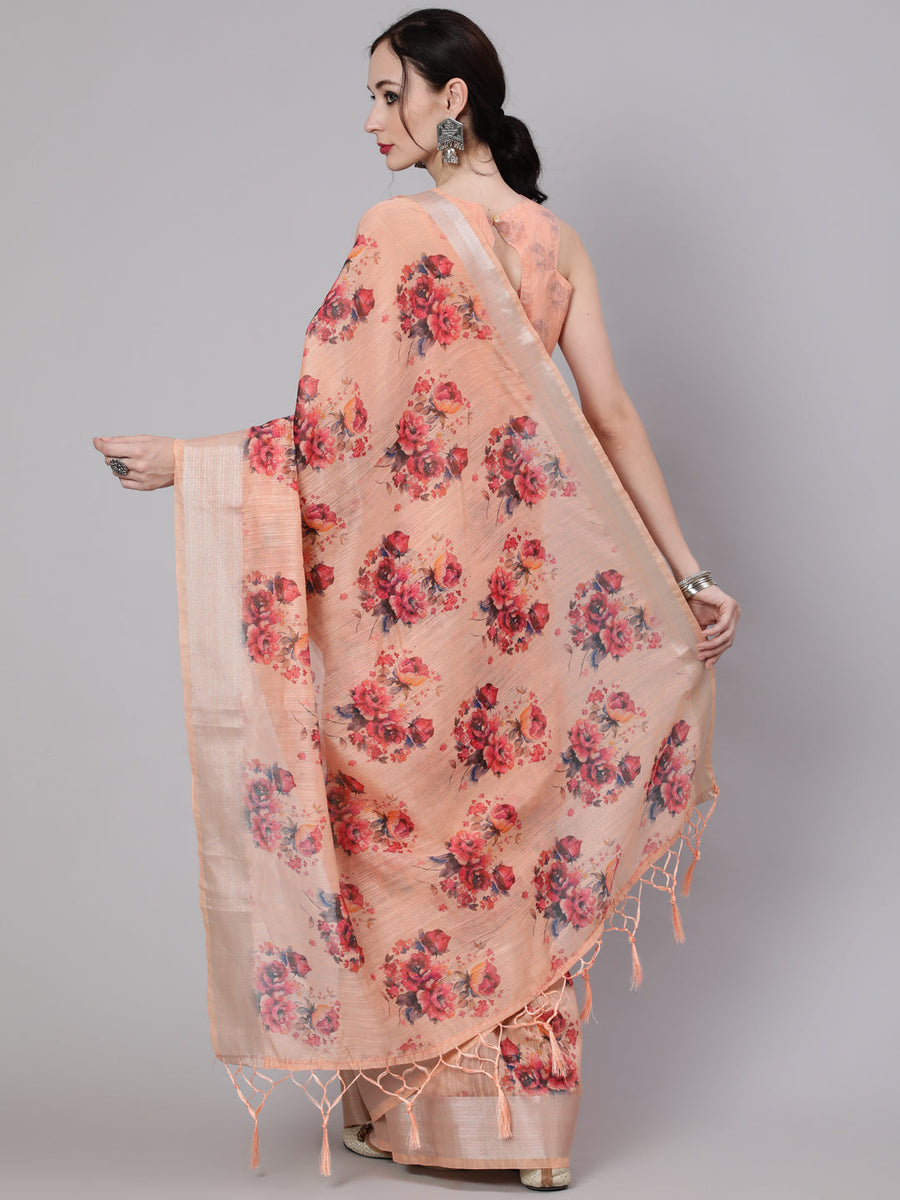 Women's Peach Floral Print Saree With Blouse Piece - Aks – Trendia