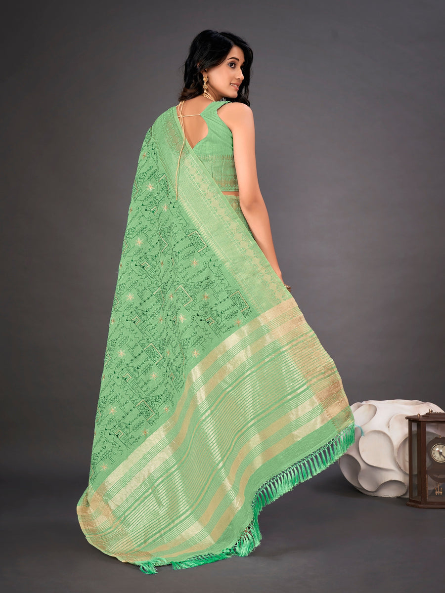 Women's Linen Sea Green Embroidered Designer Saree With Blouse Piece ...