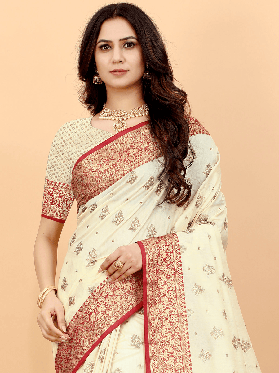 Women's Beige Magic Slub Silk Heavy Jari Wevon Designer Saree - Odette ...