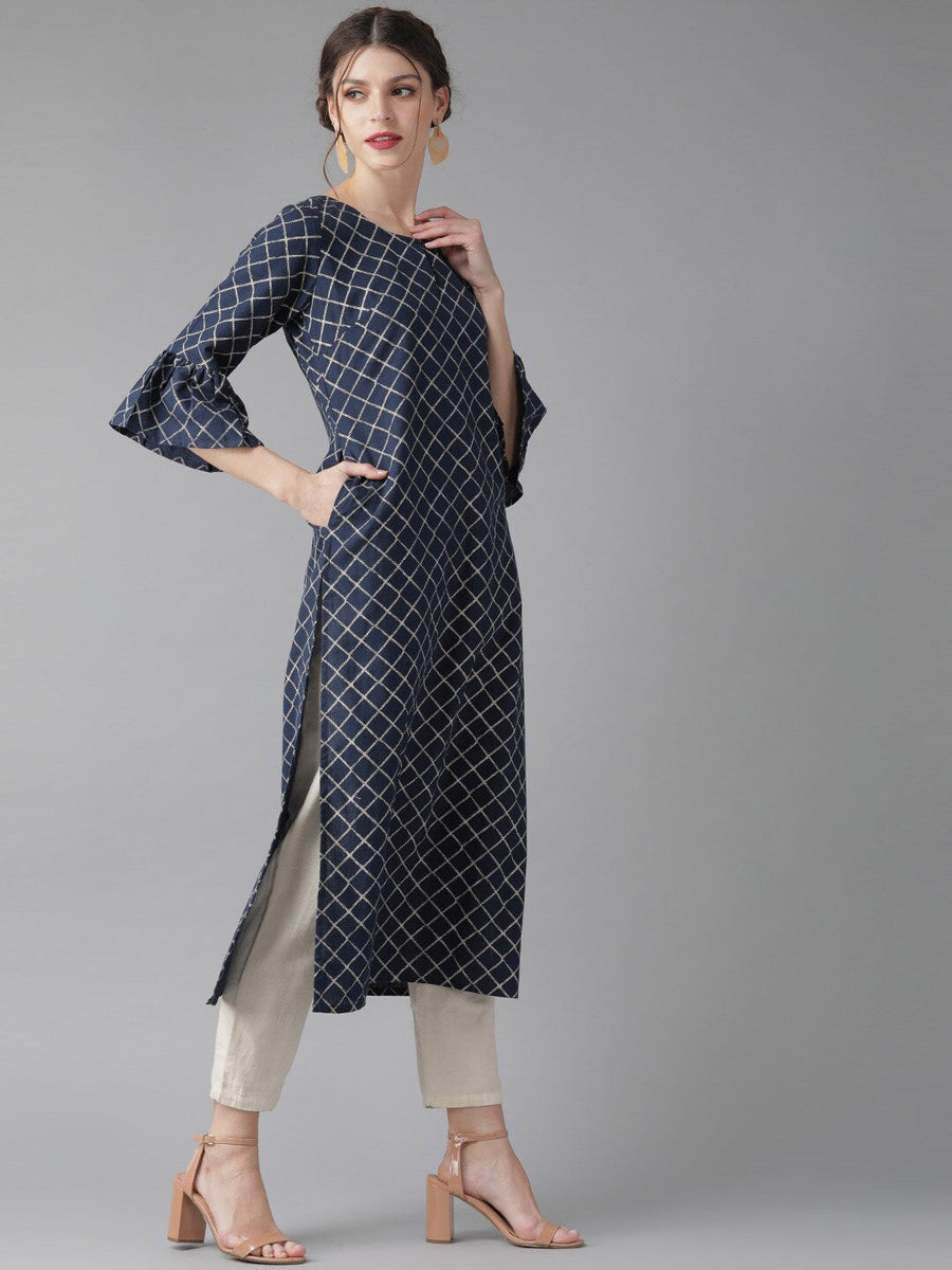 Women's Navy Blue Checked Kurta – Trendia
