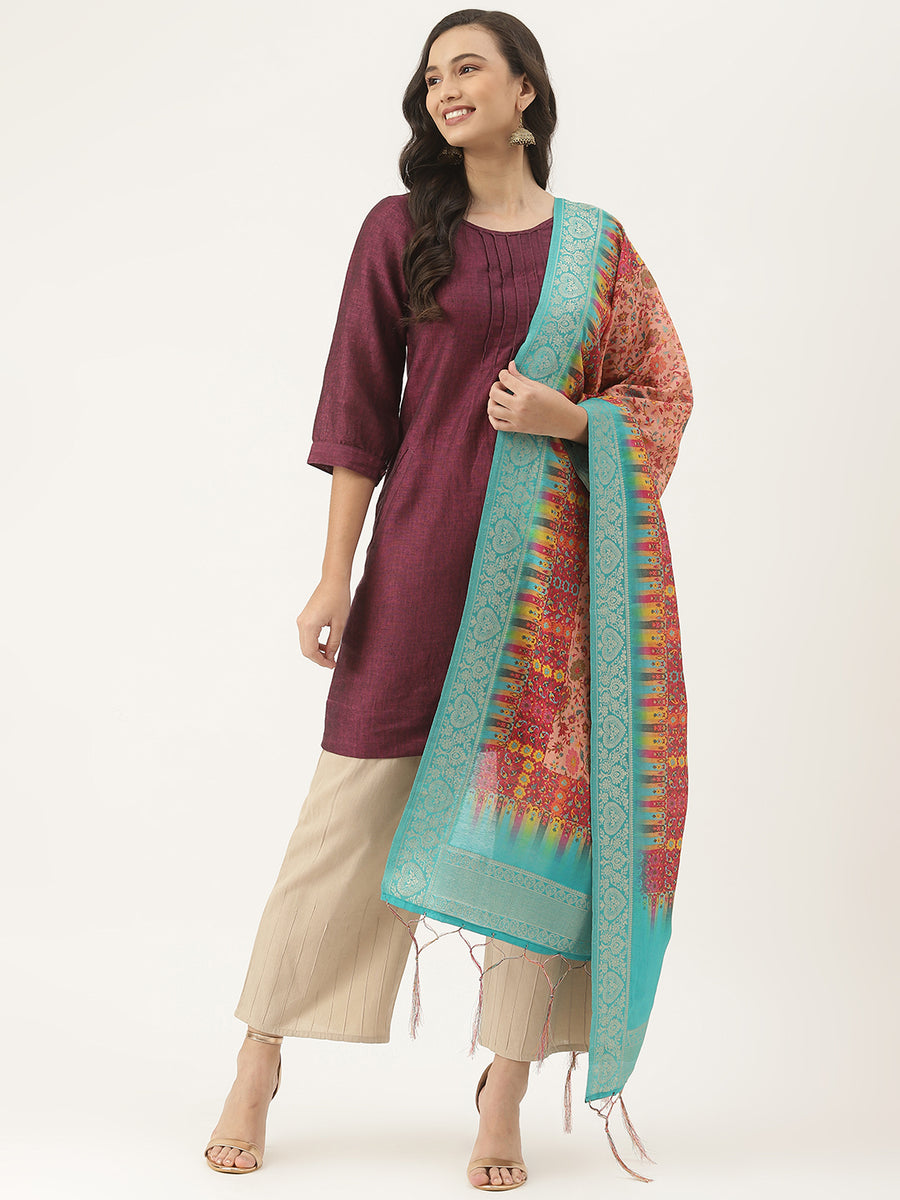 Women's Peach Color Pure Chanderi Printed Jacquard Dupatta - VAABA ...