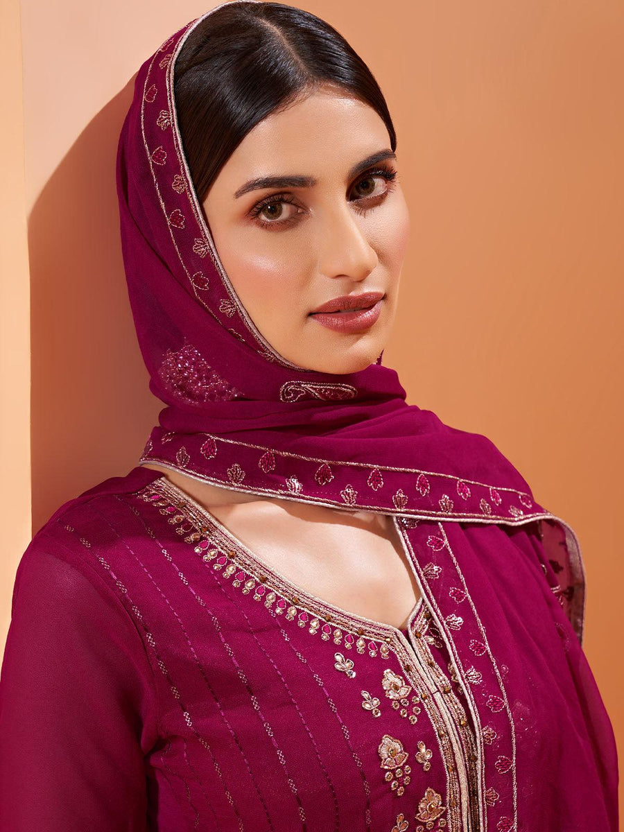 Women's Magenta Georgette Heavy Thread Sequence Embroidery Khatli Hand ...