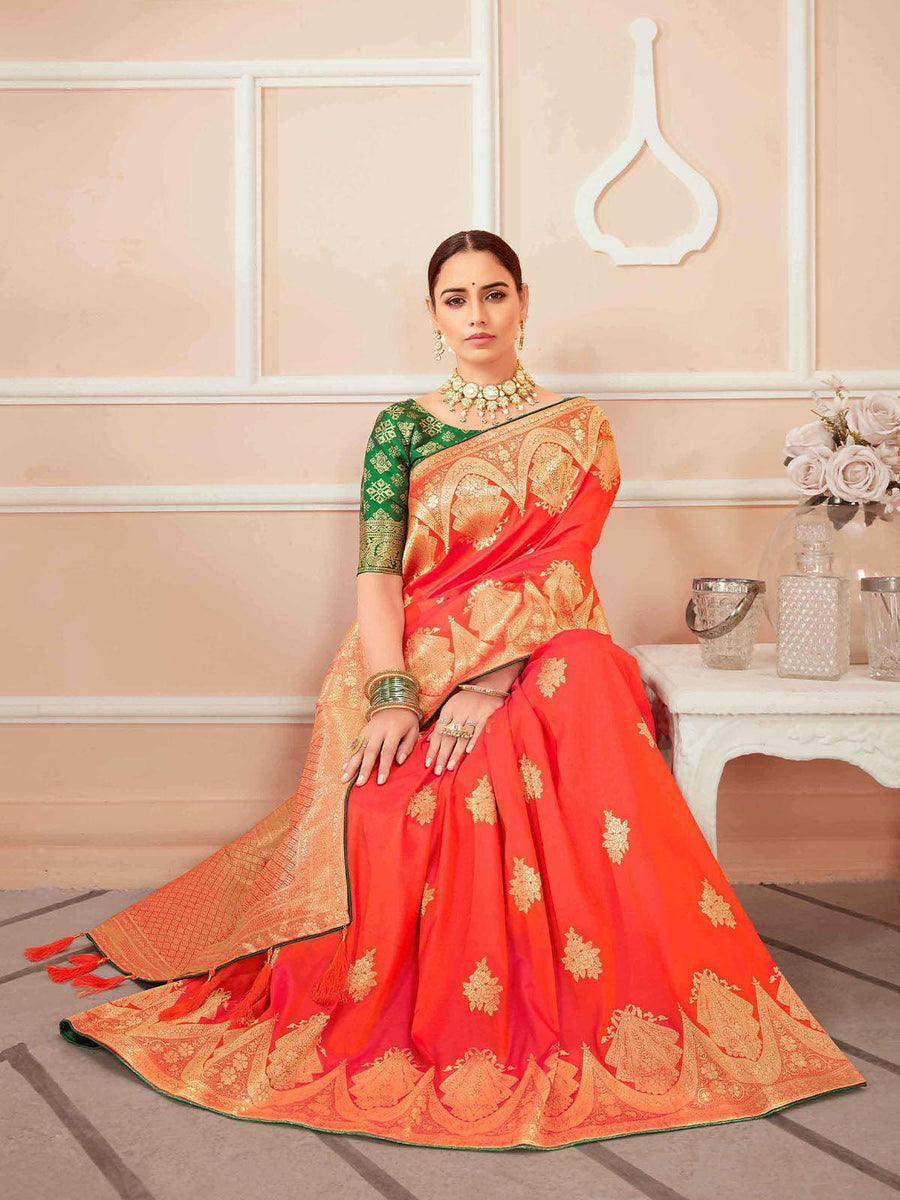 Women's Orange Banarasi Silk Wevon Heavy Jari Designer Sare – Trendia