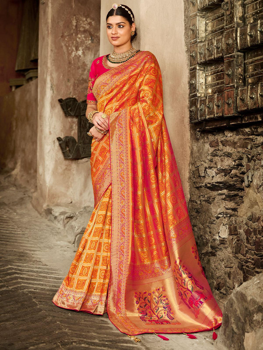 Women's Orange Silk Wevon Heavy Designer Embroidery Saree - Odette ...