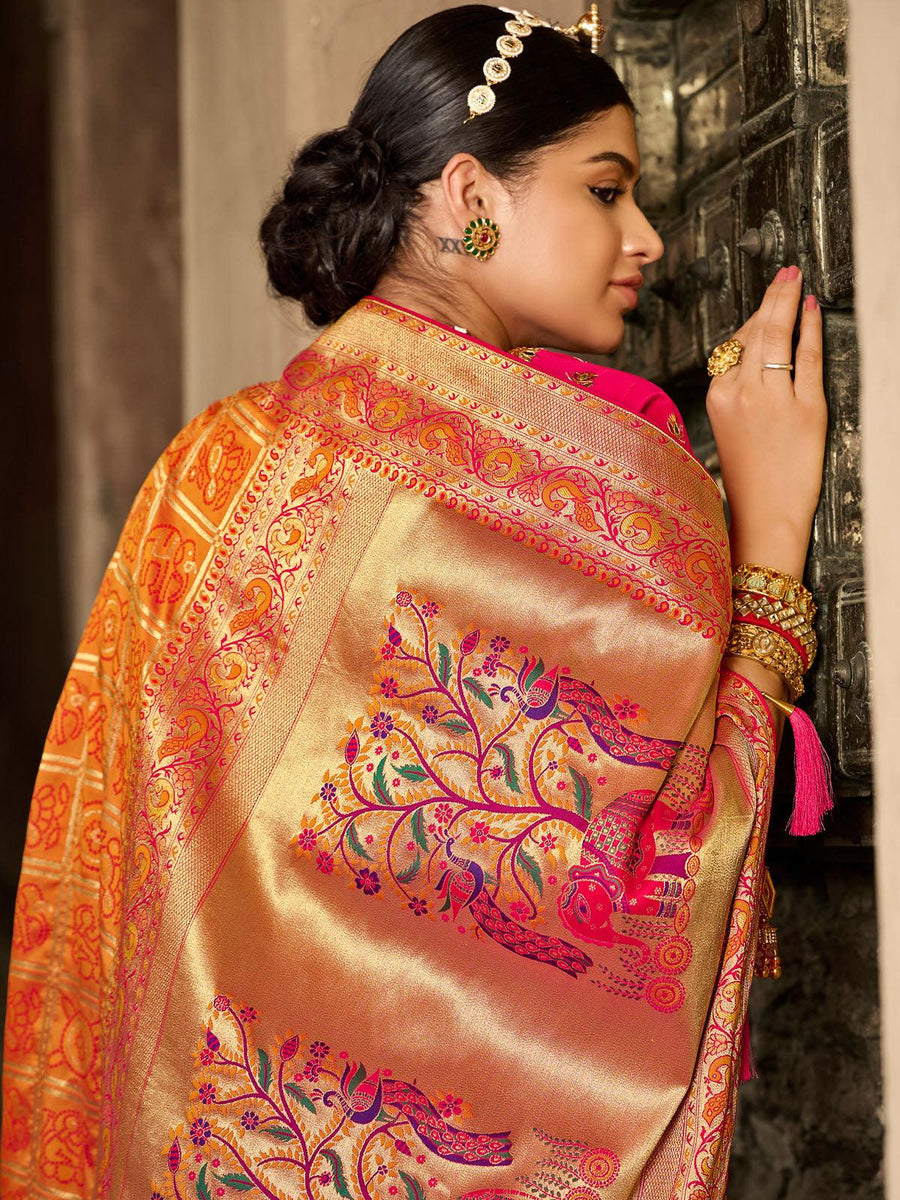 Women's Orange Silk Wevon Heavy Designer Embroidery Saree - Odette ...
