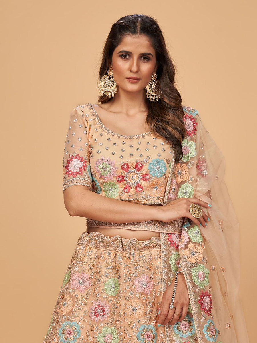 Women's Peach Designer Floral Embroidered Lehenga Set - Odette – Trendia