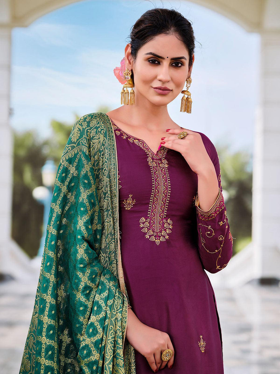 Women's Purple Satin Georgette Embroidery Work Wevon Designer Kurta Se ...