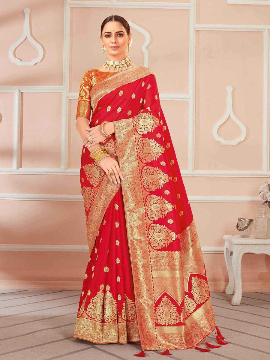 Women's Red Banarasi Silk Wevon Heavy Jari Designer Saree - Odette ...