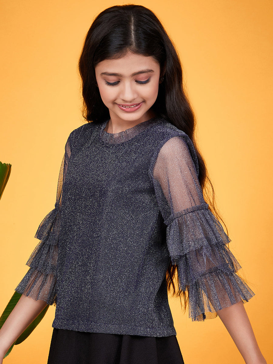 Girls Shimmer Round Neck Layered Sleeves Regular Top - Ps Peaches – Trendia